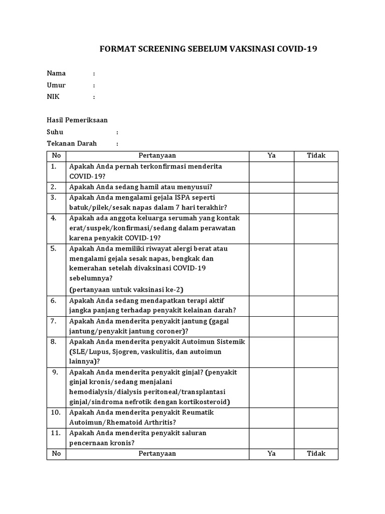 Format Skrining Vaksin COVID-19 | PDF