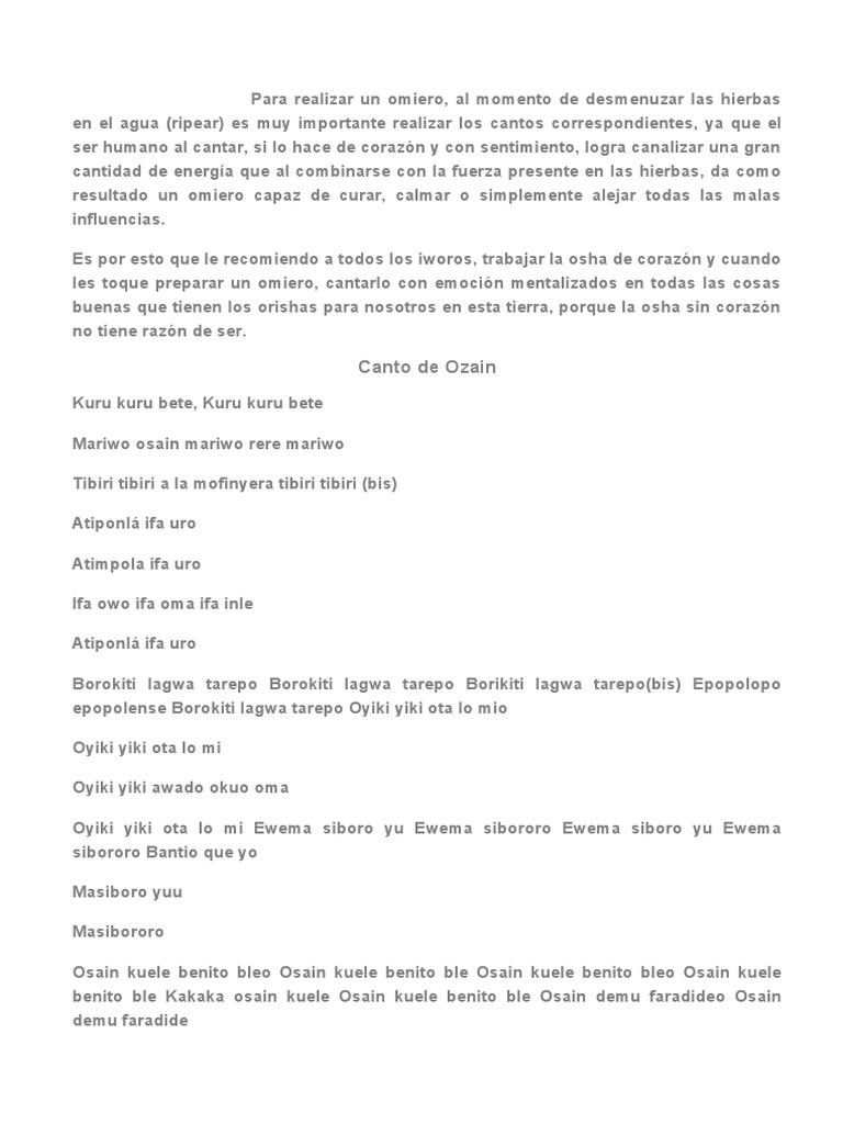 Canto para Realizar Un Omiero Con Ashe | PDF | Santeria | Religión y ...
