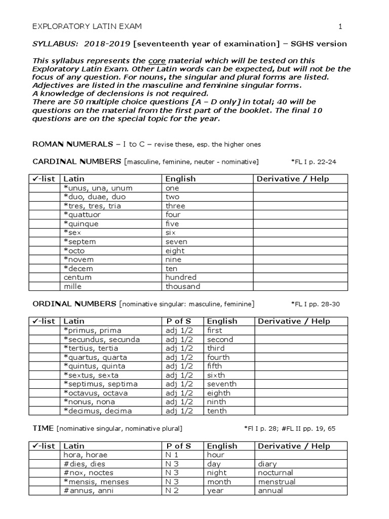 Exploratory Latin Exam 1: SYLLABUS: 2018-2019 (Seventeenth Year of ...