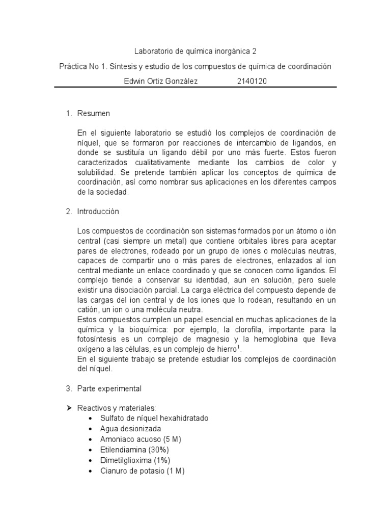 Informe 1 de Lab Inor 2 | PDF | Complejo de Coordinación | Compuestos ...