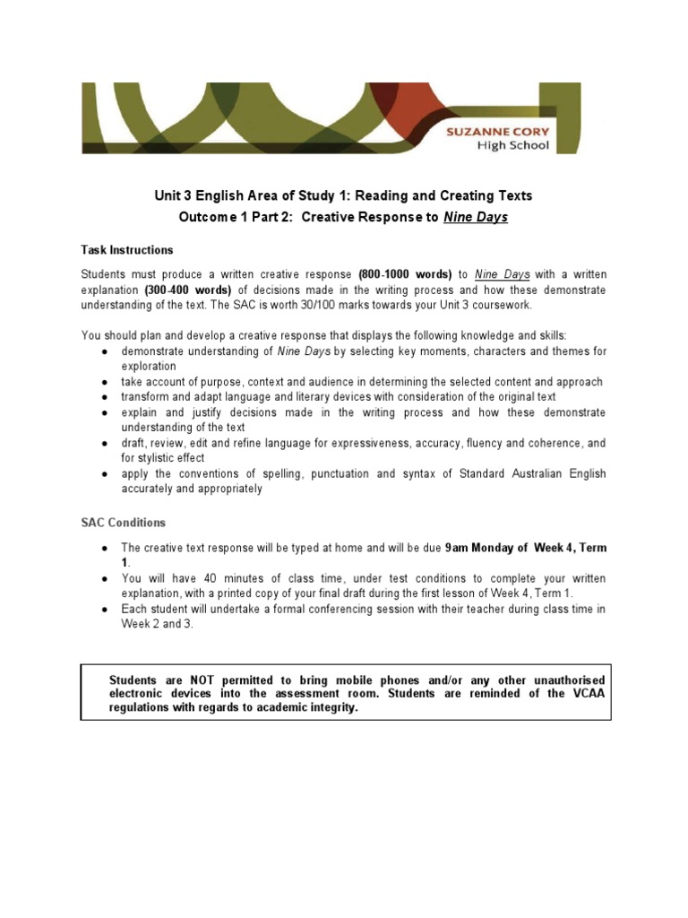 Unit 3 English Area of Study 1: Reading and Creating Texts Outcome 1 ...