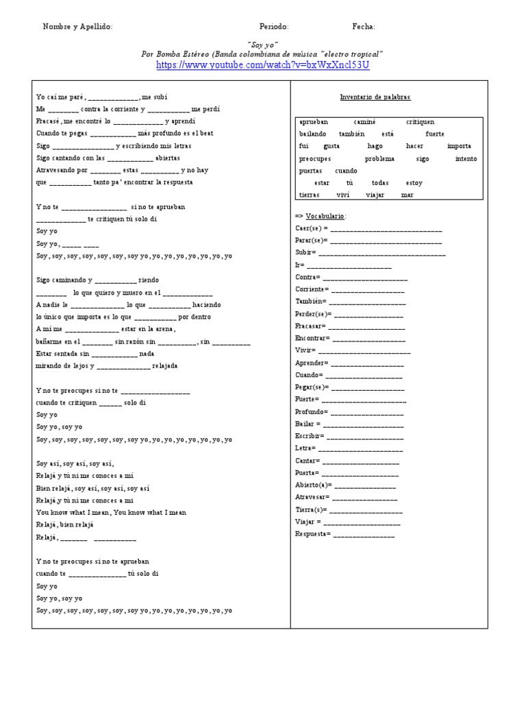 Taller de Escucha Cancion Soy Yo Bomba Estereo Fall 2020-1 | PDF ...