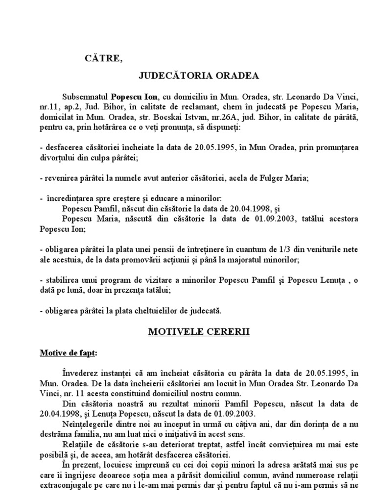 Cerere de Divort | PDF