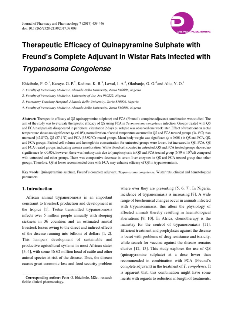 Therapeutic Efficacy of Quinapyramine Sulphate With Freund's Complete ...