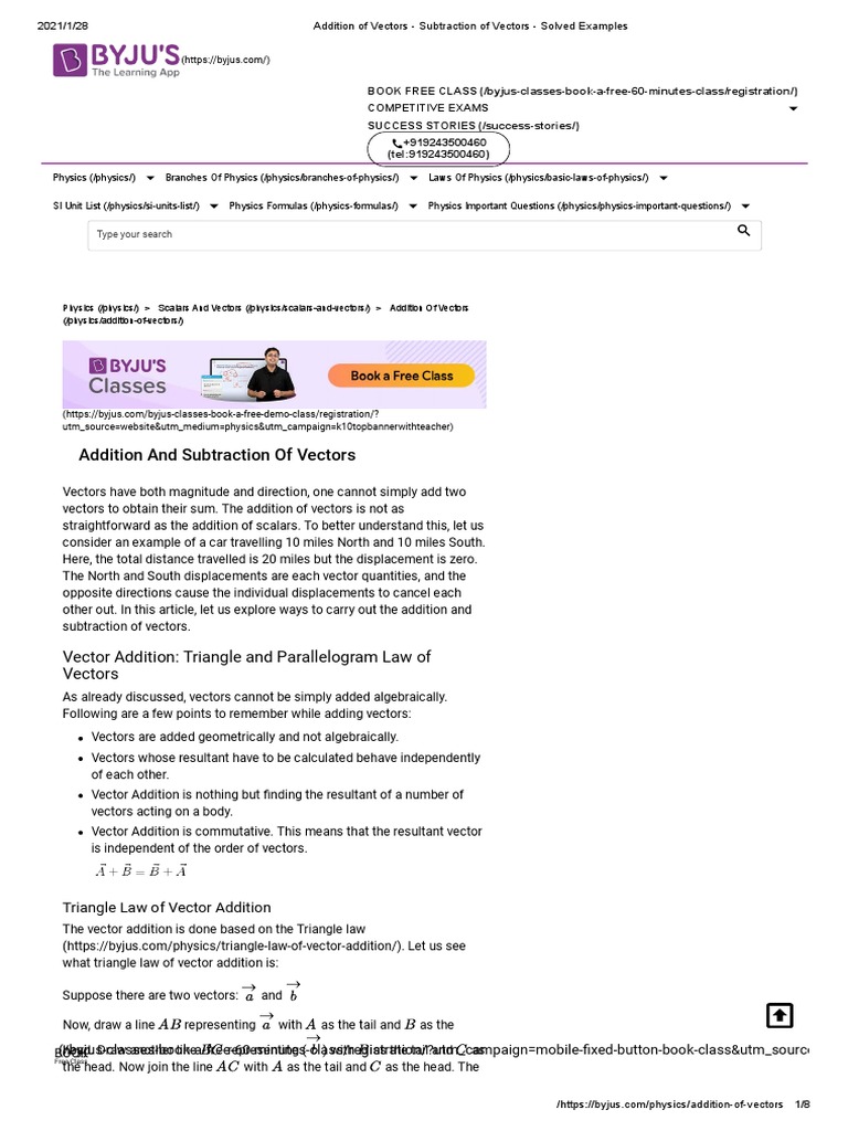 Addition of Vectors - Subtraction of Vectors - Solved Examples | PDF | Euclidean Vector ...