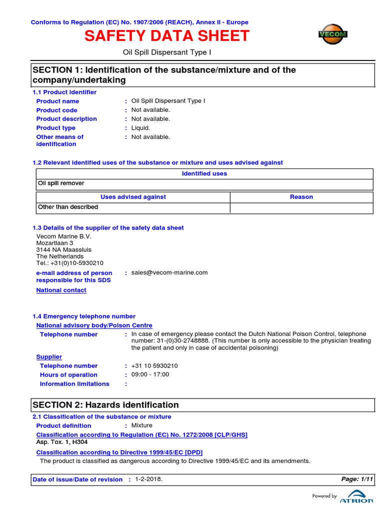 MSDS Oil Spill Dispersant Type I 20180201 | PDF | Toxicity | Waste