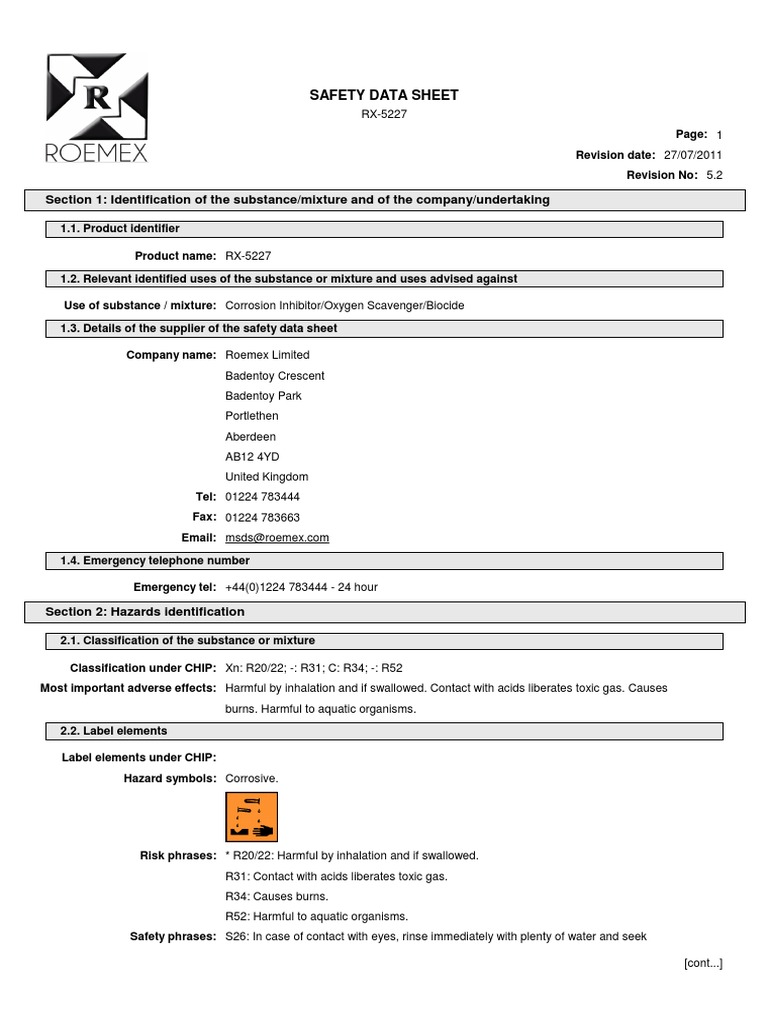 Safety Data Sheet for Corrosion Inhibitor/Oxygen Scavenger/Biocide RX ...