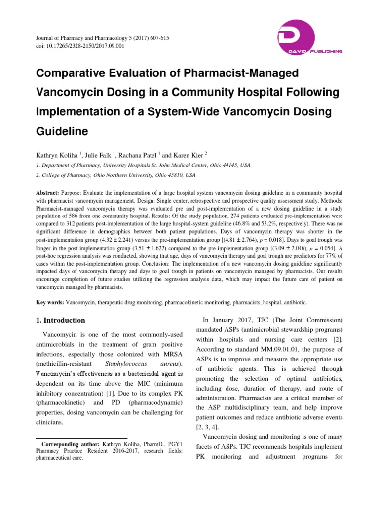 Comparative Evaluation of Pharmacist-Managed Vancomycin Dosing in A Community Hospital Following ...