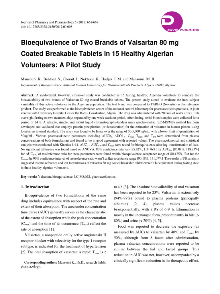 Bioequivalence of Two Brands of Valsartan 80 MG Coated Breakable ...