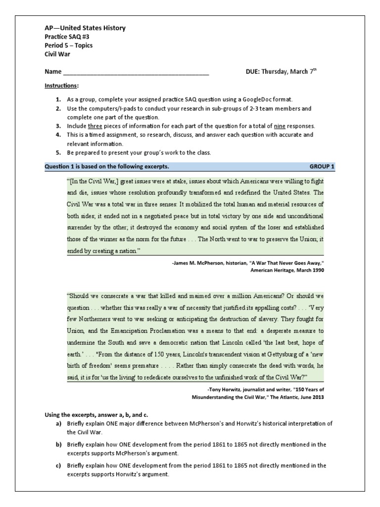Apush - Saq Practice Questions 3 - Civil War | PDF | American Civil War | Emancipation Proclamation