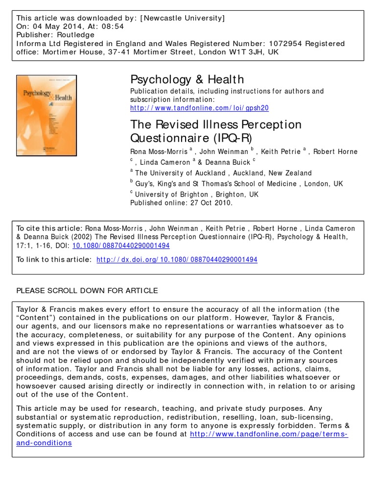 Revised Illness Perception Questionnaire | PDF | Principal Component Analysis | Chronic Condition