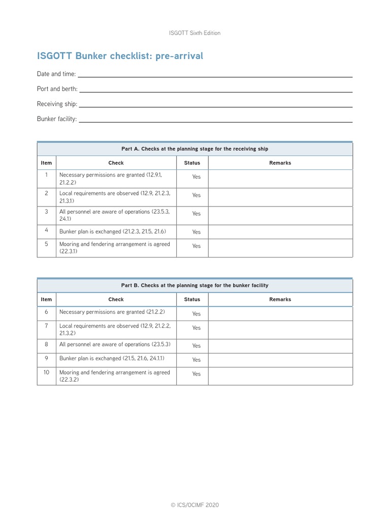 ISGOTT Bunker Checklist: Pre-Arrival: Date and Time: Port and Berth ...