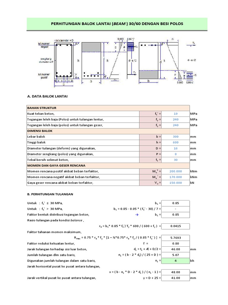 Perhitungan Tulangan BALOK - 30x60 - AMAN | PDF
