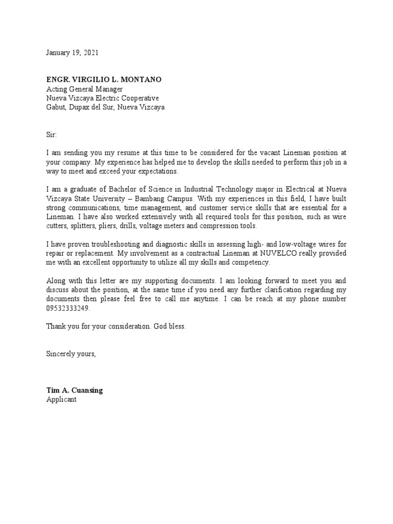 TIM CUANSING Electrical Lineman Application | PDF