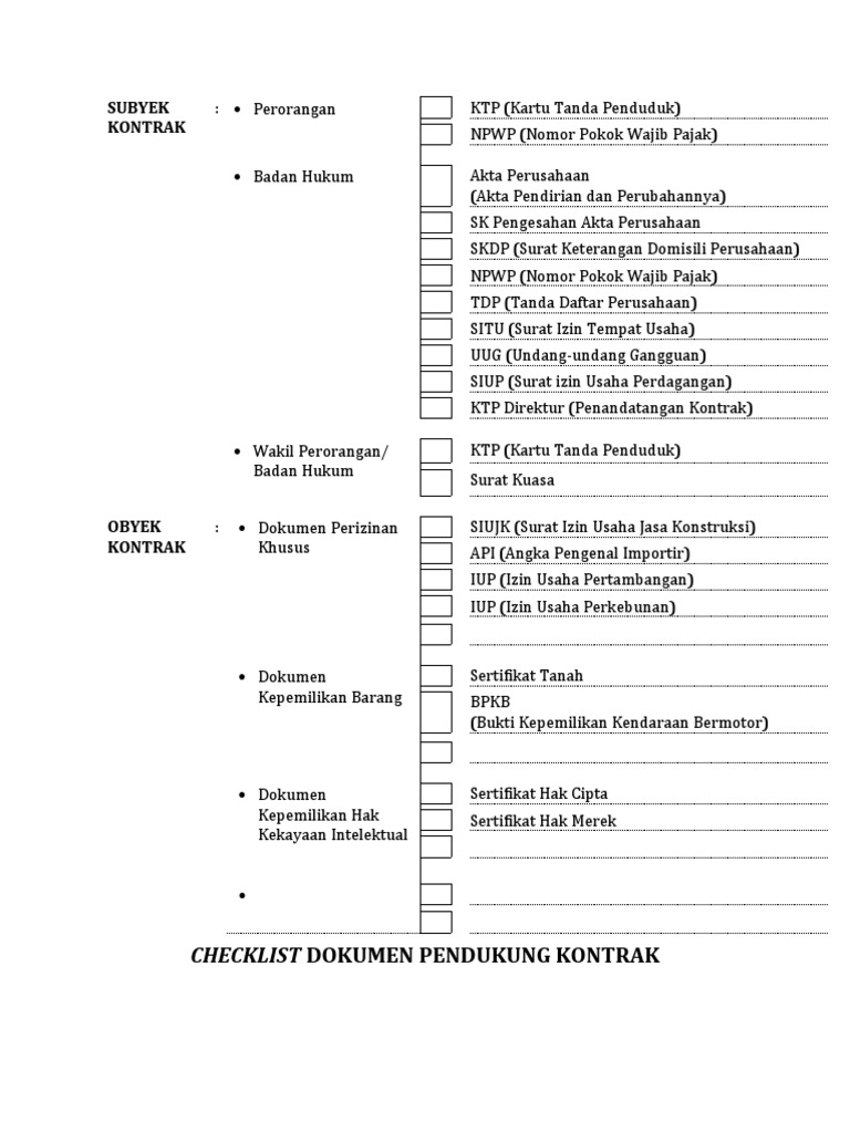 Checklist Pemeriksaan Dokumen Kontrak | PDF