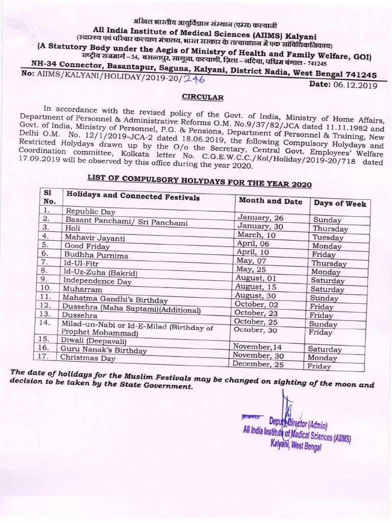 Aiims Holiday List 2020 | PDF