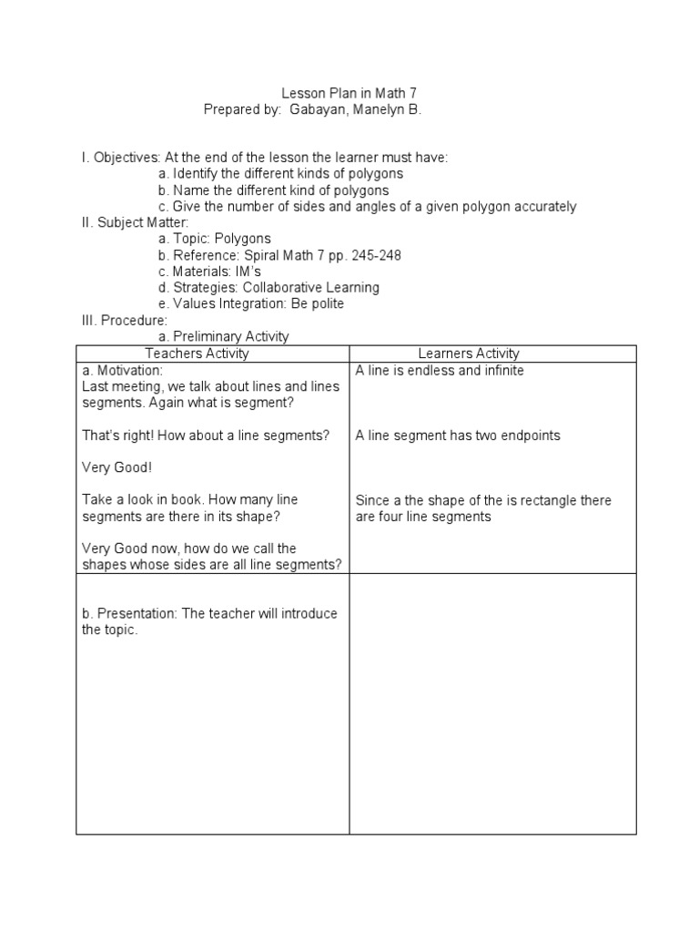 Lesson Plan in Math 7 | PDF | Polygon | Shape