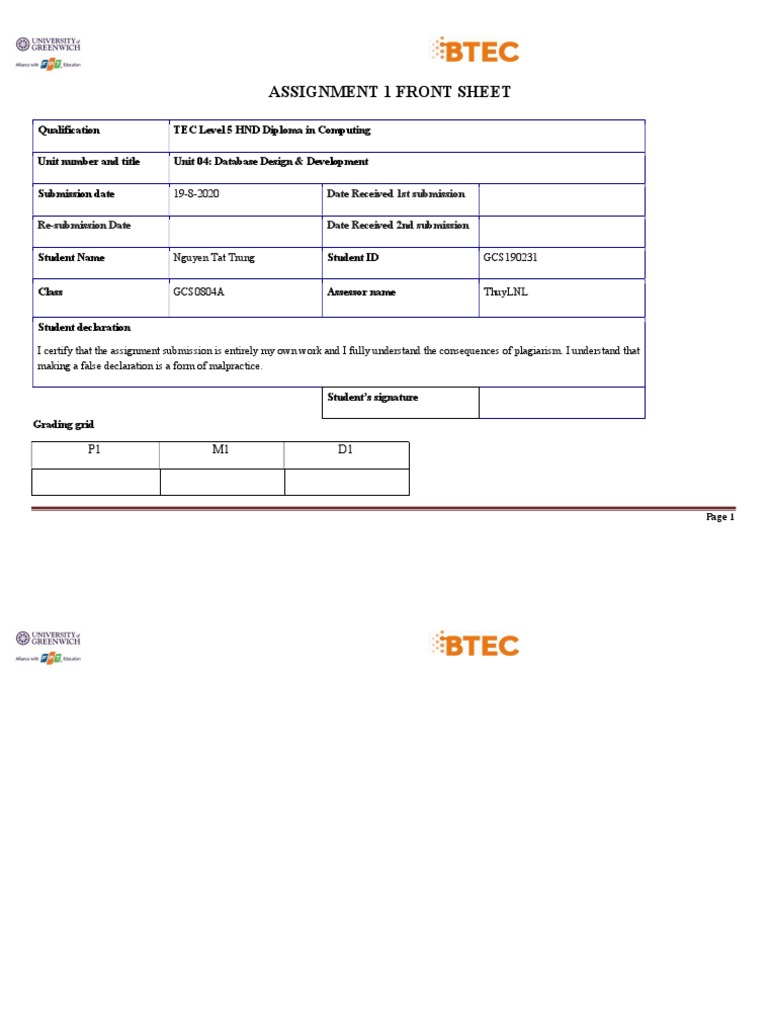 Assignment 1 Front Sheet: Date Received 1st Submission Re-Submission Date Date Received 2nd ...