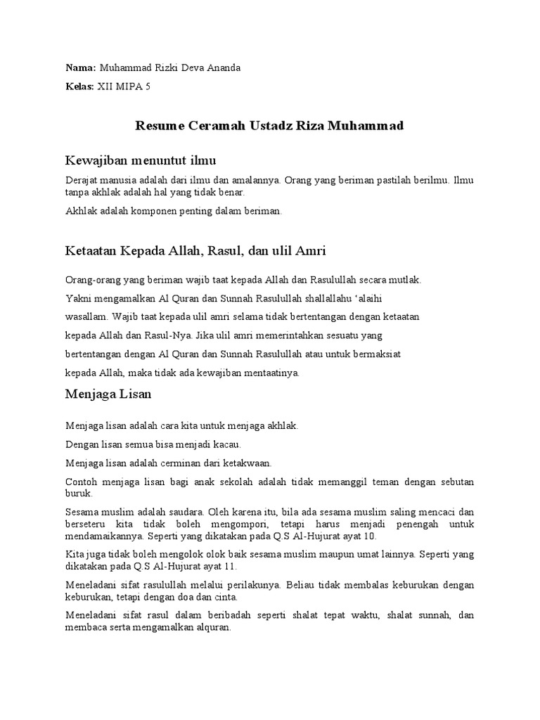 Resume Ceramah Maulid Nabi (Muhammad Rizki Deva Ananda) | PDF