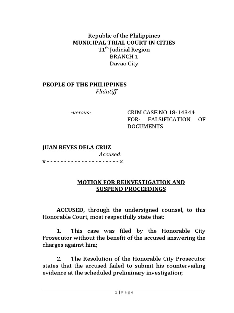 Draft Motion For Reinvestigation | PDF | Prosecutor | Due Process