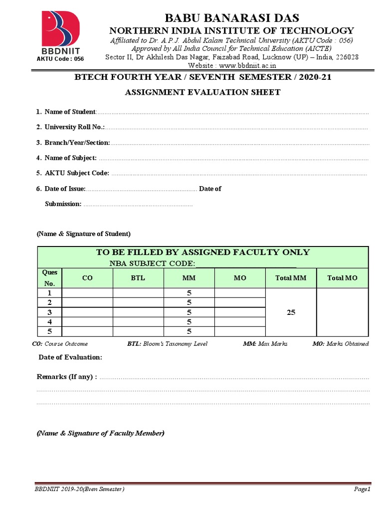 Assignment Evaluation Sheet | PDF | Higher Education