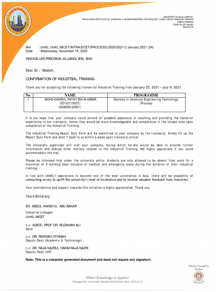 Industrial Training Confirmation | PDF