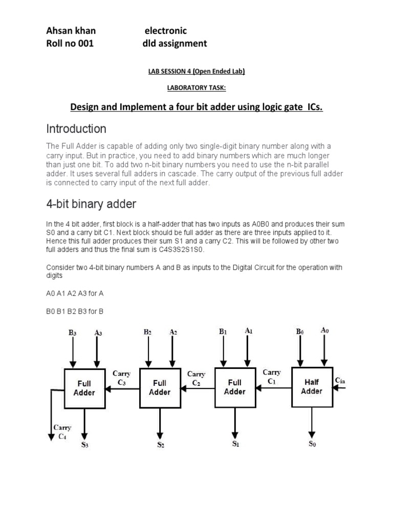 Design and Implement A Four Bit Adder Using Logic Gate ICs | PDF ...