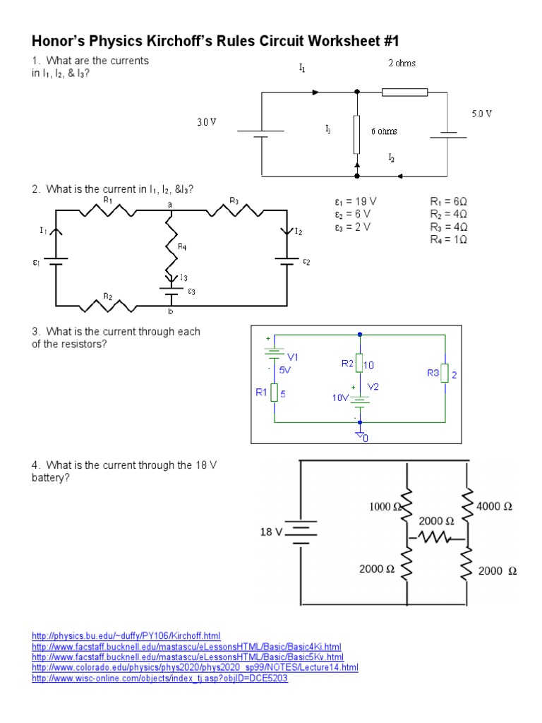 Kirchoff's Rules Circuit Worksheet #1 Physics Honors | PDF