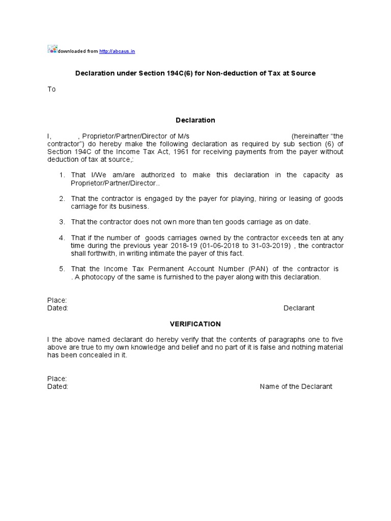 Declaration Under Section 194C (6) For Non-Deduction of Tax at Source | PDF