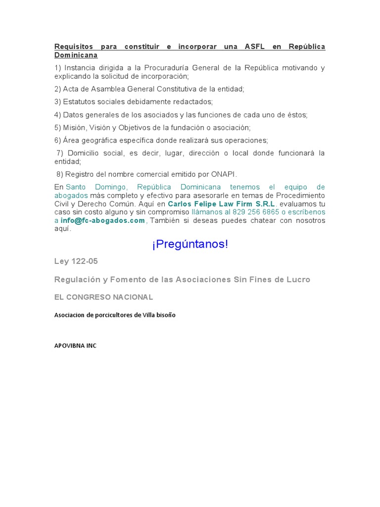 Requisitos para Constituir e Incorporar Una ASFL en República ...