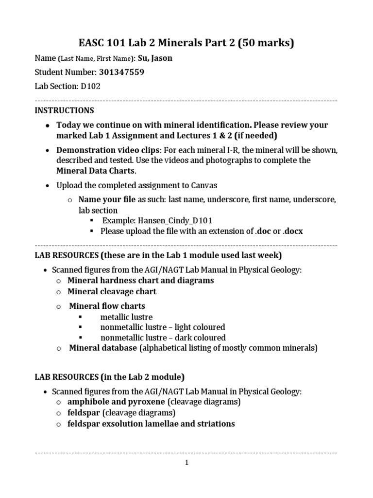 EASC 101 Lab 2 Minerals Part 2 (50 Marks) : Instructions Marked Lab 1 ...