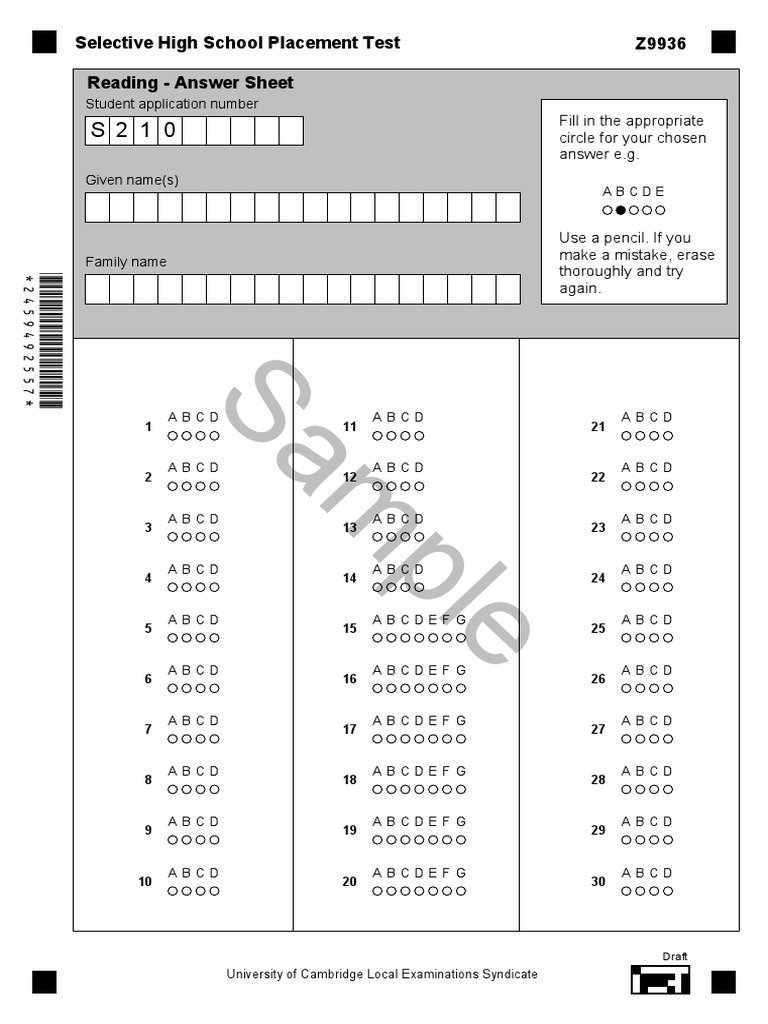 Sample: Selective High School Placement Test Z9936 Reading - Answer ...