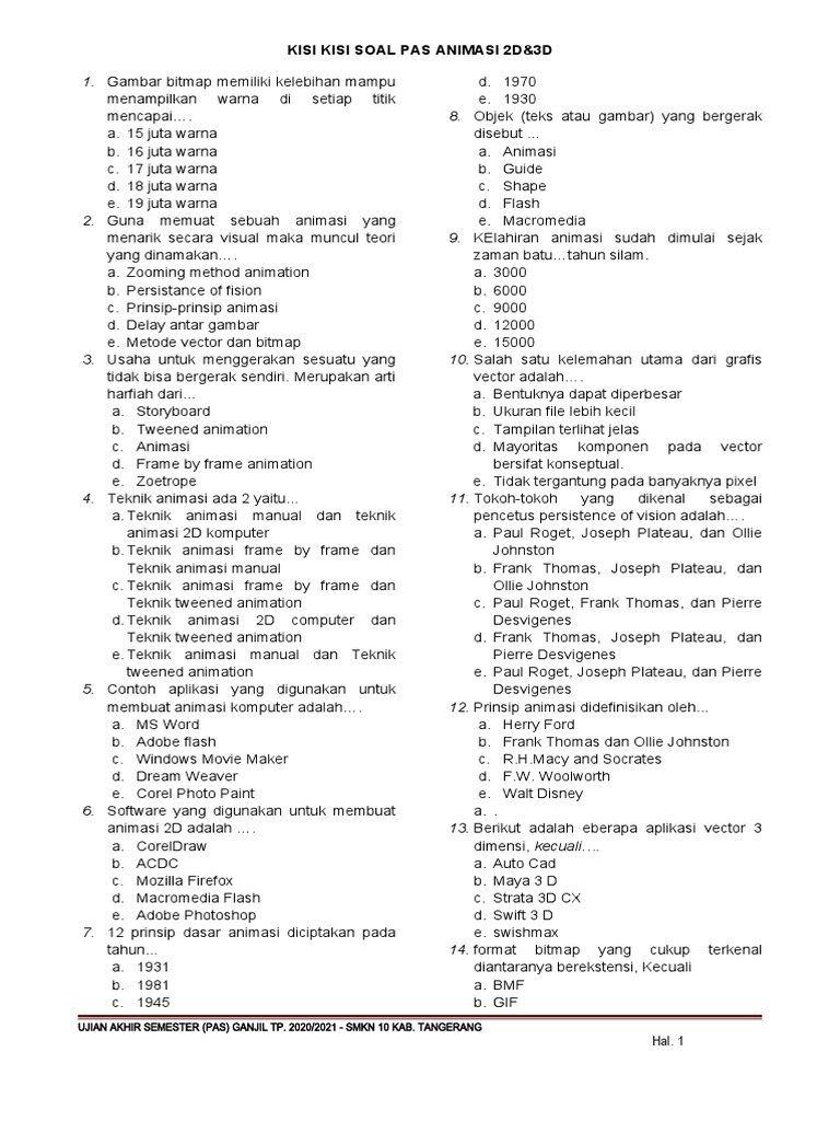 Kisi-Kisi Soal Pas Animasi 2D-3D | PDF