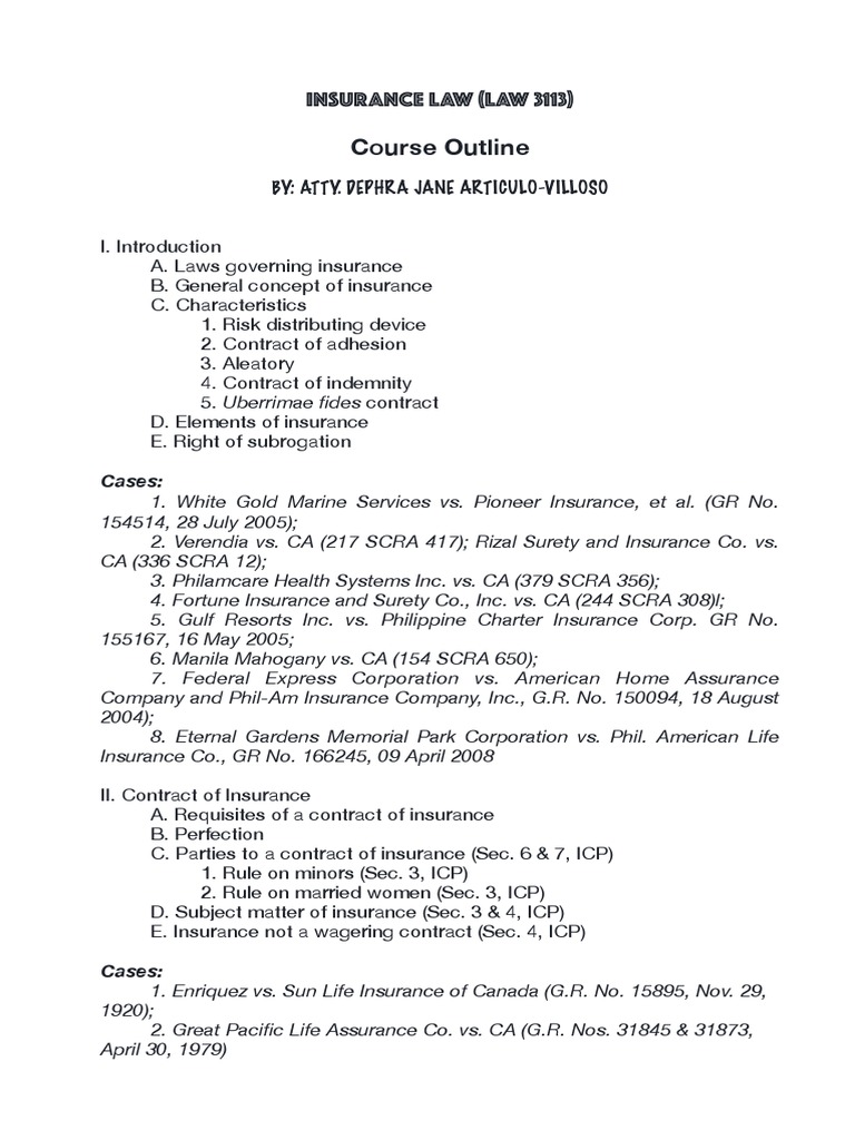 Insurance Law Course Outline (LAW 3113) | PDF | Liability Insurance ...