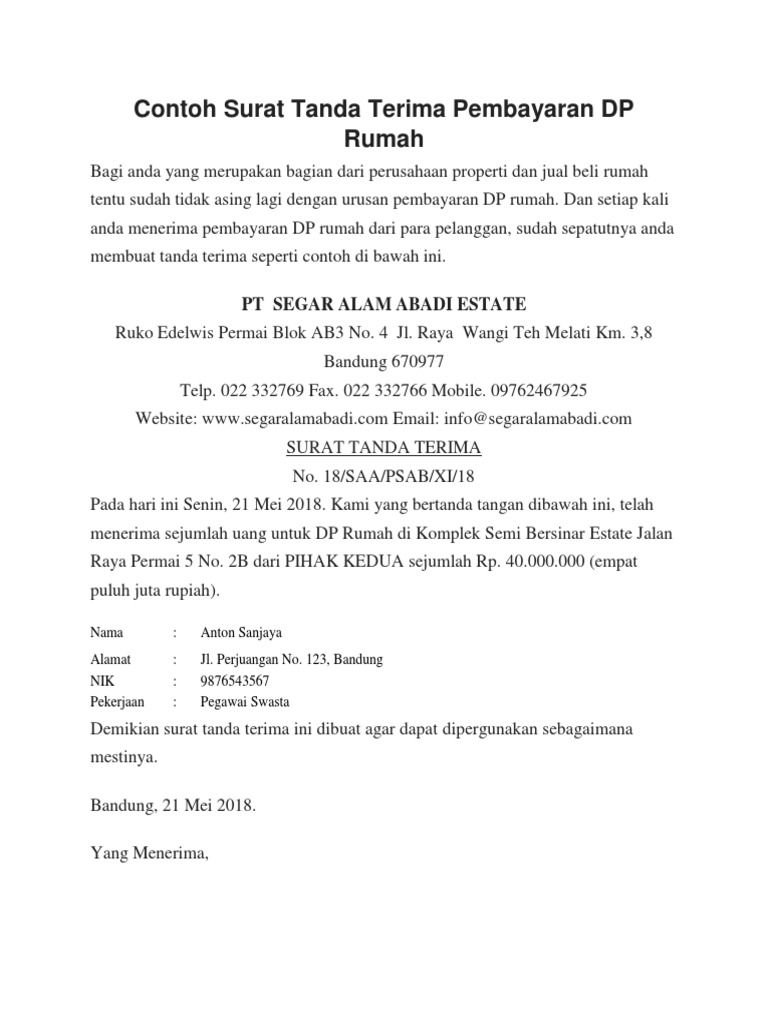 Contoh Surat Tanda Terima DP Rumah | PDF