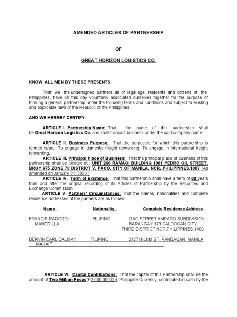 Amended Articles of Partnership | PDF | Partnership | Justice