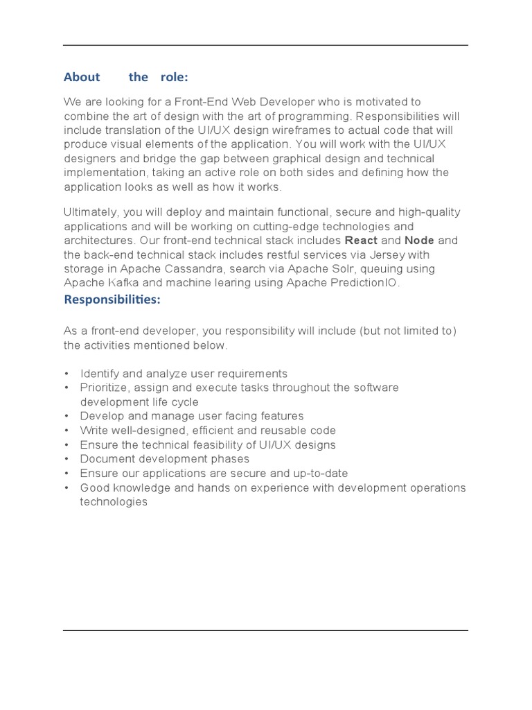 JD - Front End Developer | Download Free PDF | Application Software ...