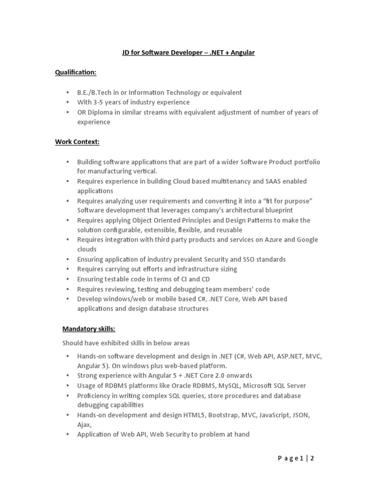JD - Software Developer - .NET + Angular | PDF | Web Application ...