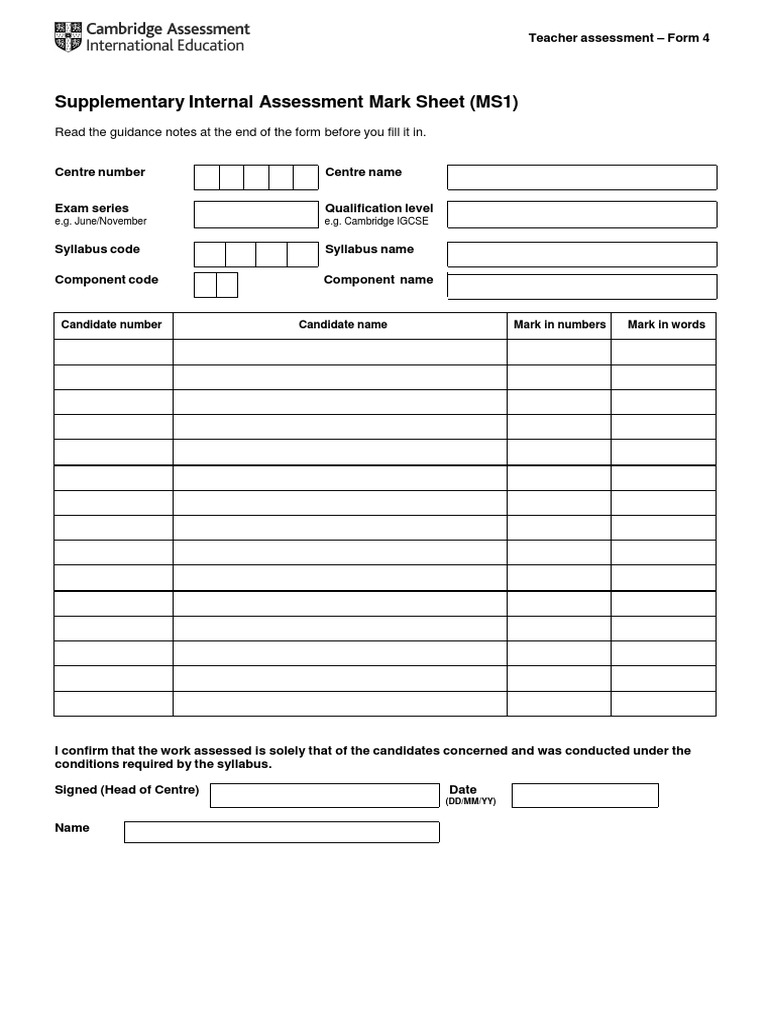 Supplementary Internal Assessment Mark Sheet ms1 Teacher Assessment ...