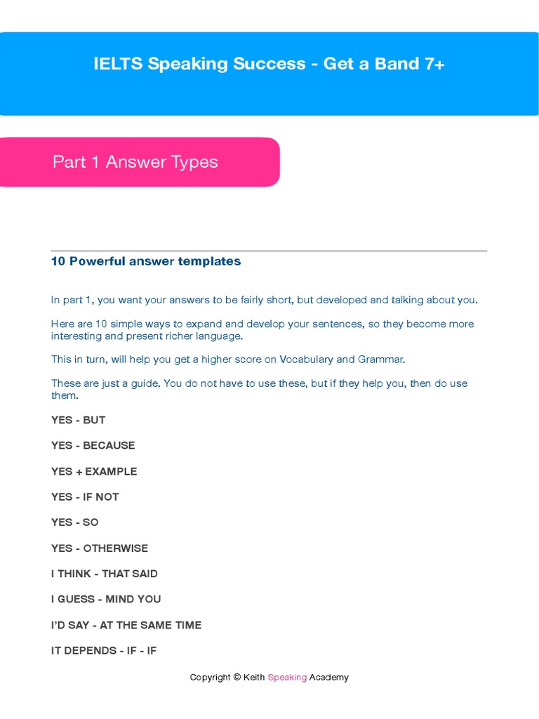 IELTS Speaking Success - Get A Band 7+: Part 1 Answer Types | PDF