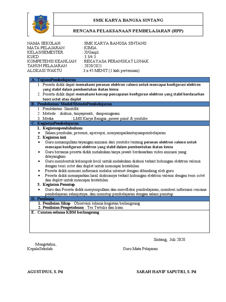 SMK Karya Bangsa Sintang Rencana Pelaksanaan Pembelajaran (RPP) | PDF