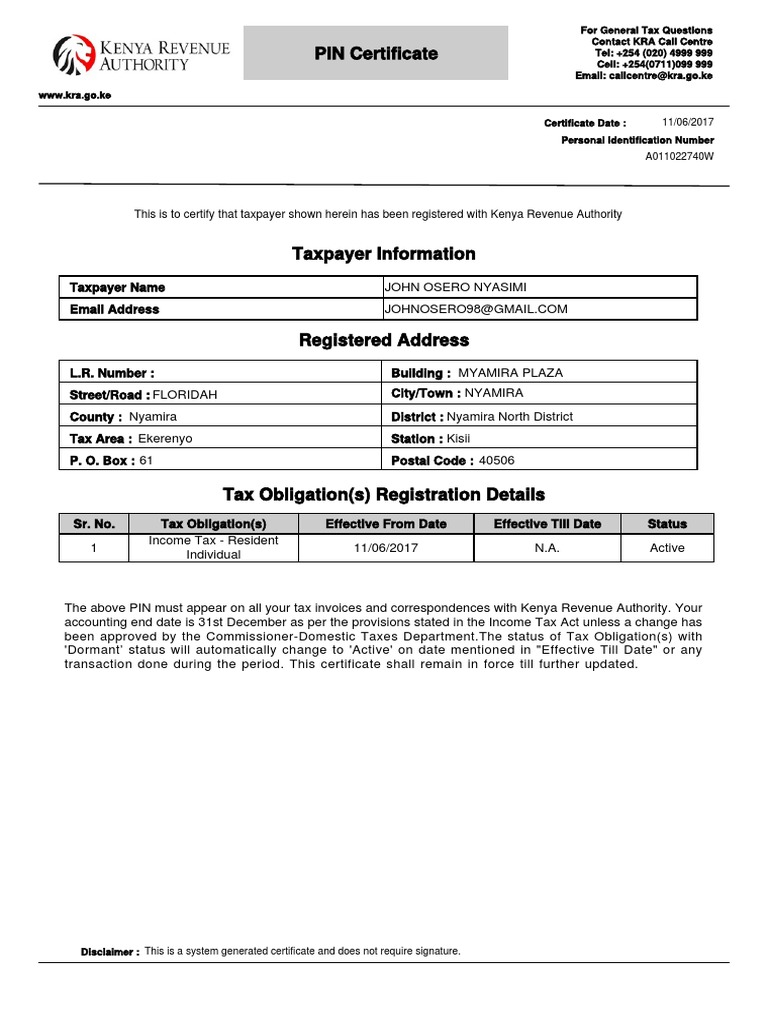 PIN Certificate: This Is To Certify That Taxpayer Shown Herein Has Been ...