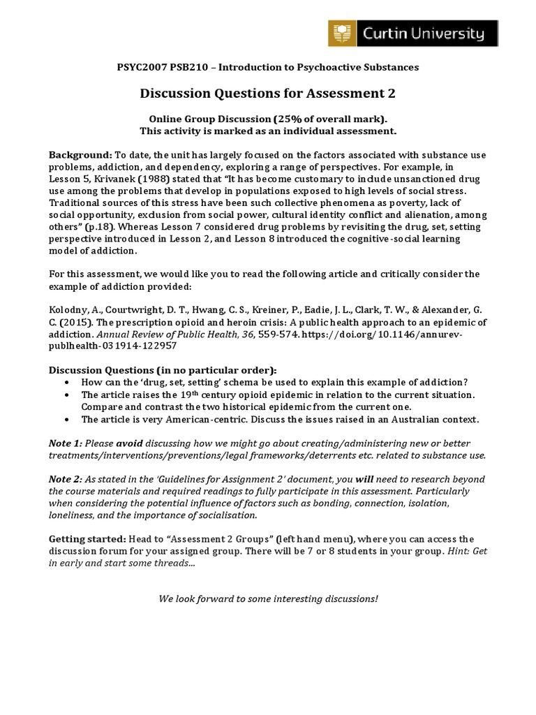 Discussion Questions For Assessment 2 | PDF | Substance Dependence ...