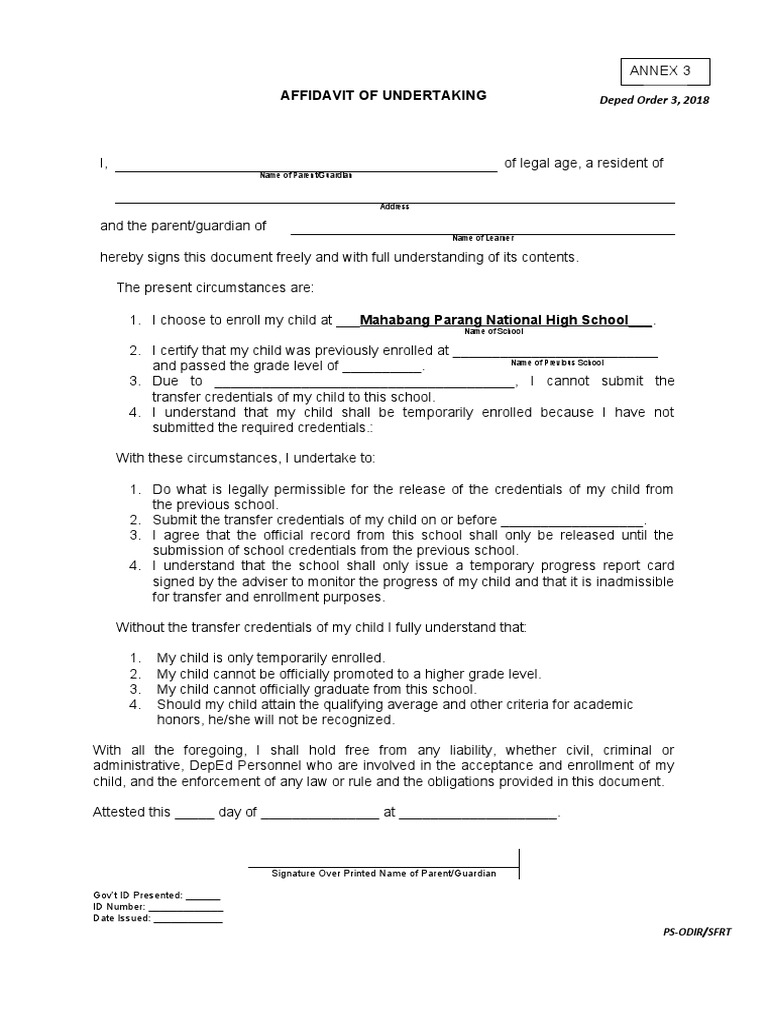 Affidavit of Undertaking: Deped Order 3, 2018 | PDF | Credential | Justice