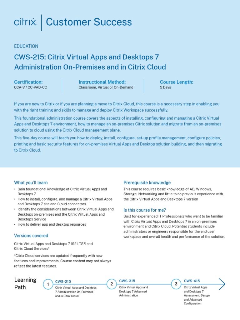 CWS-215: Citrix Virtual Apps and Desktops 7 Administration On-Premises and in Citrix Cloud | PDF ...