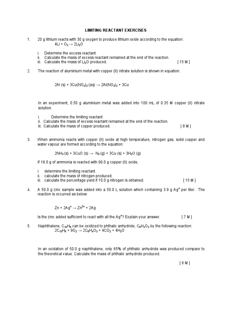Limiting Reactant Exercises | Pdf