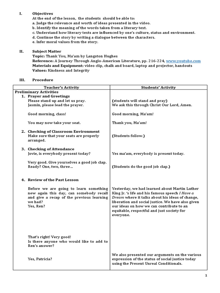 Lesson Plan: Thank You, Ma'am Analysis | PDF | Integrity | Prayer