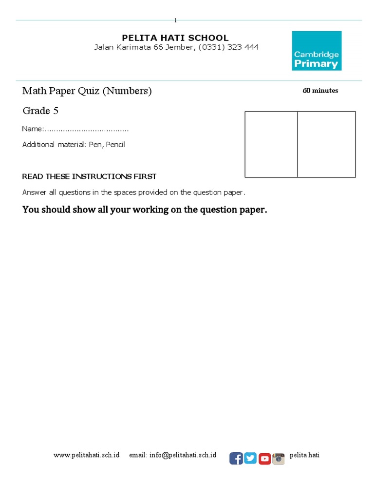 Math Paper Quiz (Numbers) Grade 5: You Should Show All Your Working On ...