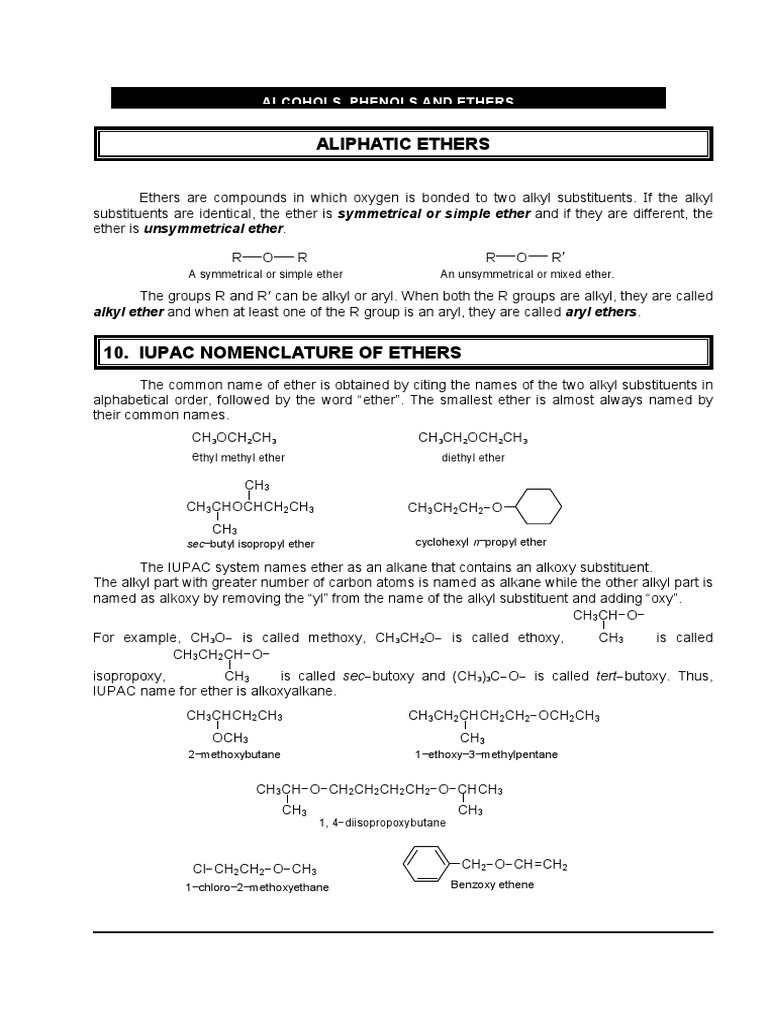 Aliphatic Ethers: Alcohols Phenols and Ethers | PDF | Ether | Alkene