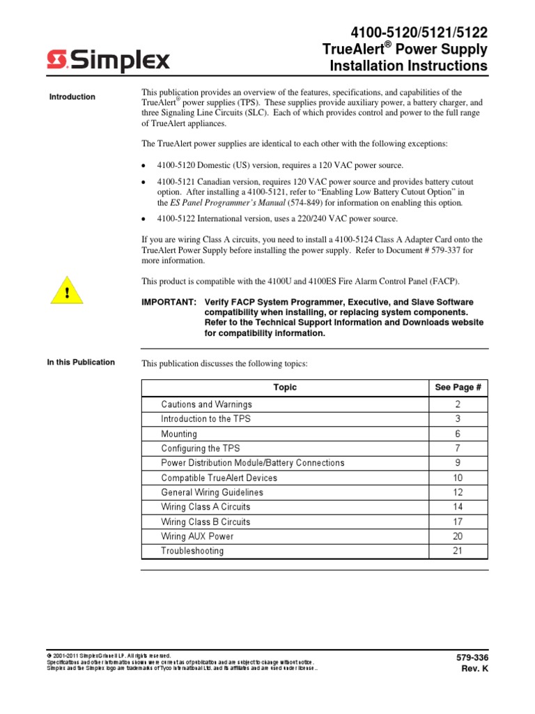 Simplex Installation Instructions TrueAlert Power Supply | PDF | Electrical Wiring ...